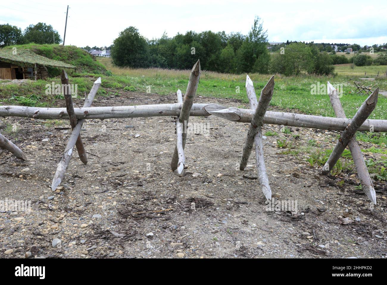View of wooden anti-personnel barriers in summer, Karelia Stock Photo ...
