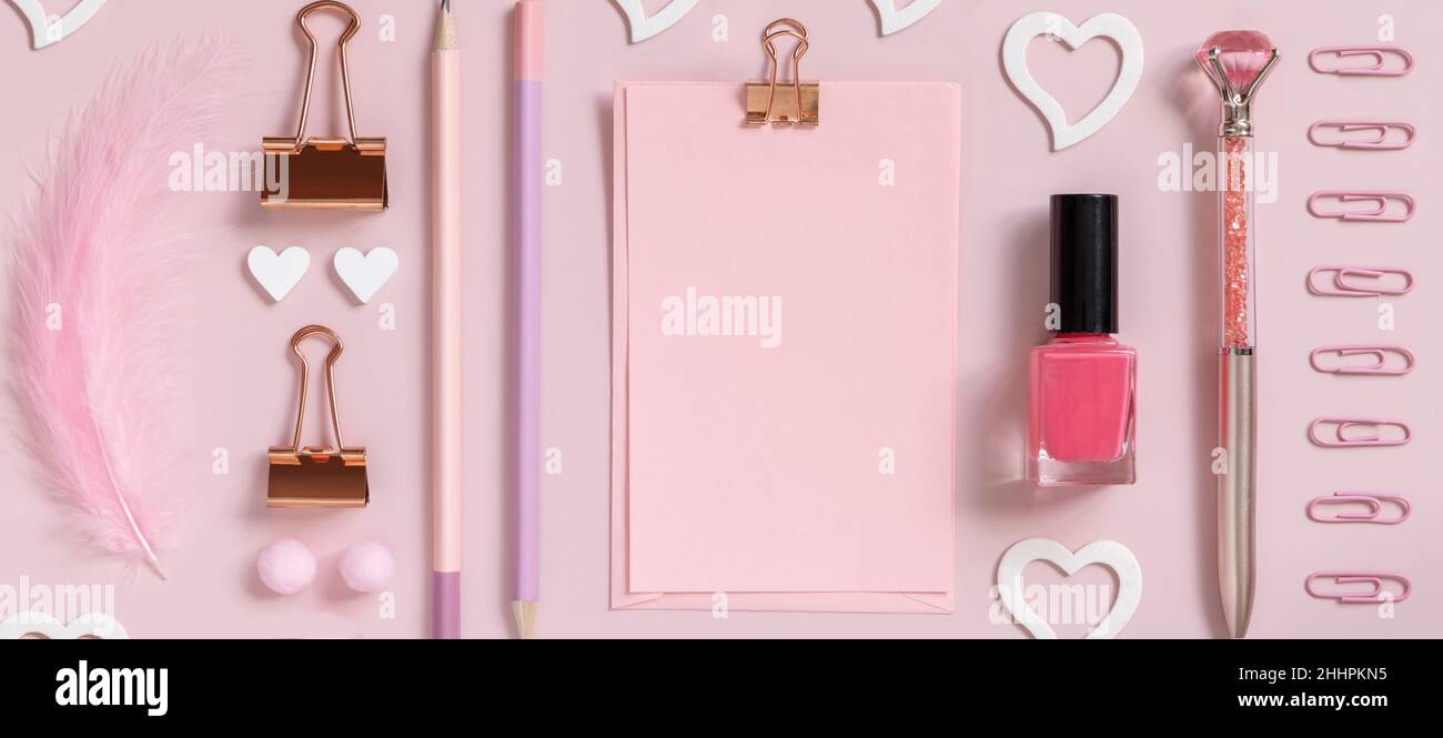Pink paper card with clip, school girlish accessories and hearts on ...