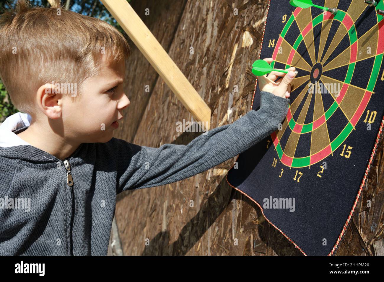 Boy playing darts at backyard in summer Stock Photo - Alamy
