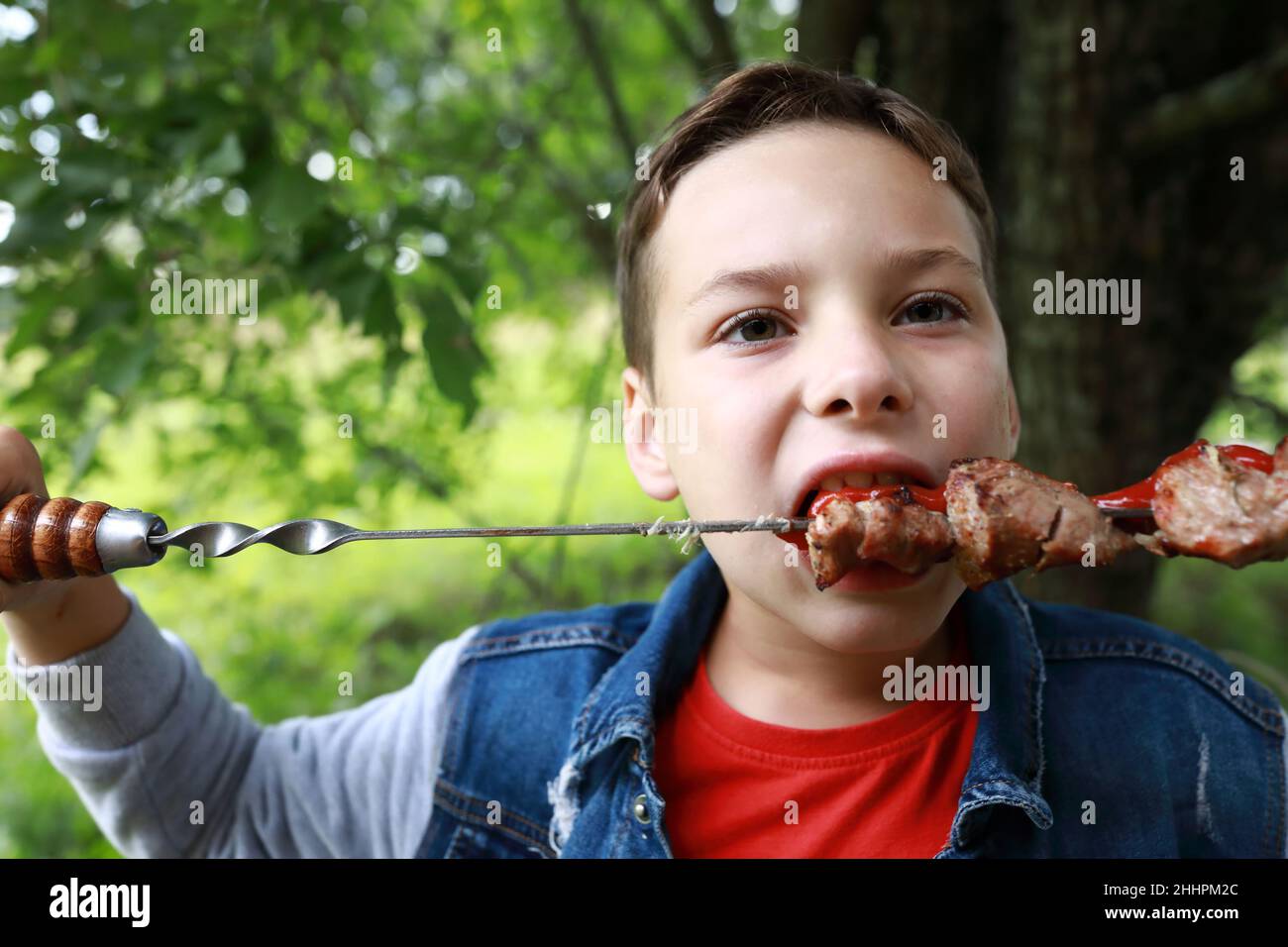 Boy eating pork neck kebab on skewers in park Stock Photo - Alamy