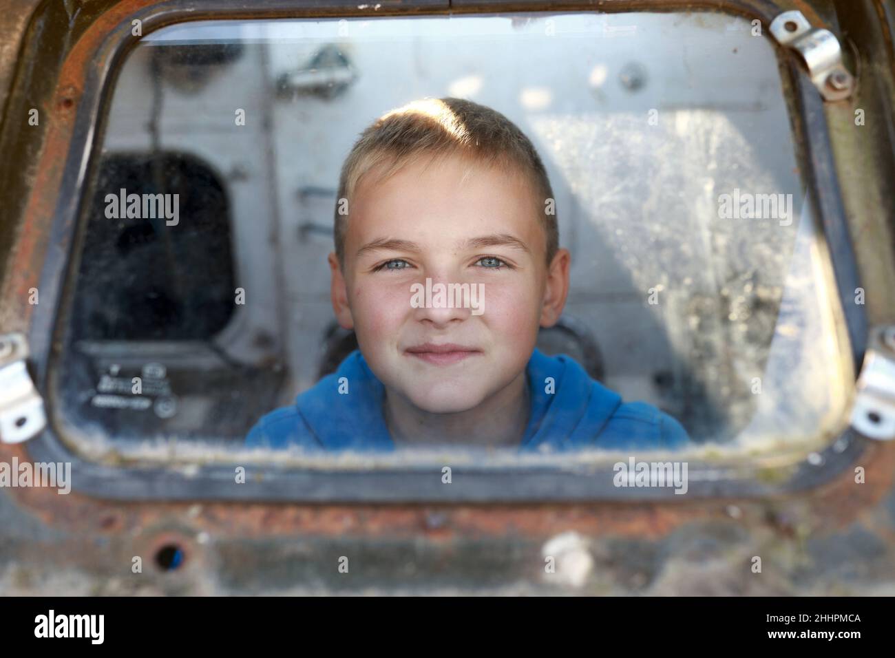 Portrait of kid in GT-MU light generalpurpose armored vehicle, Russia ...