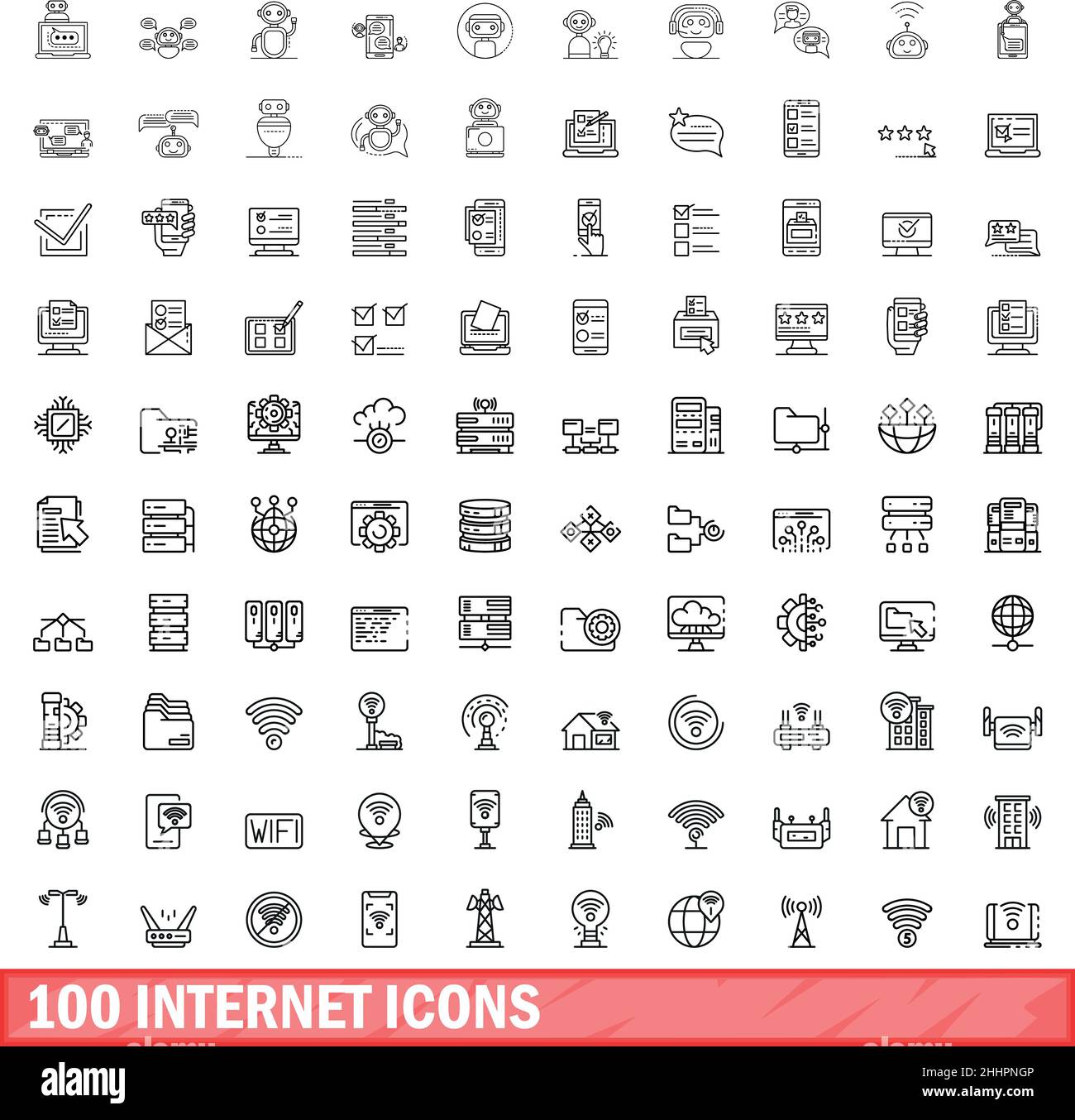 100 internet icons set. Outline illustration of 100 internet icons ...