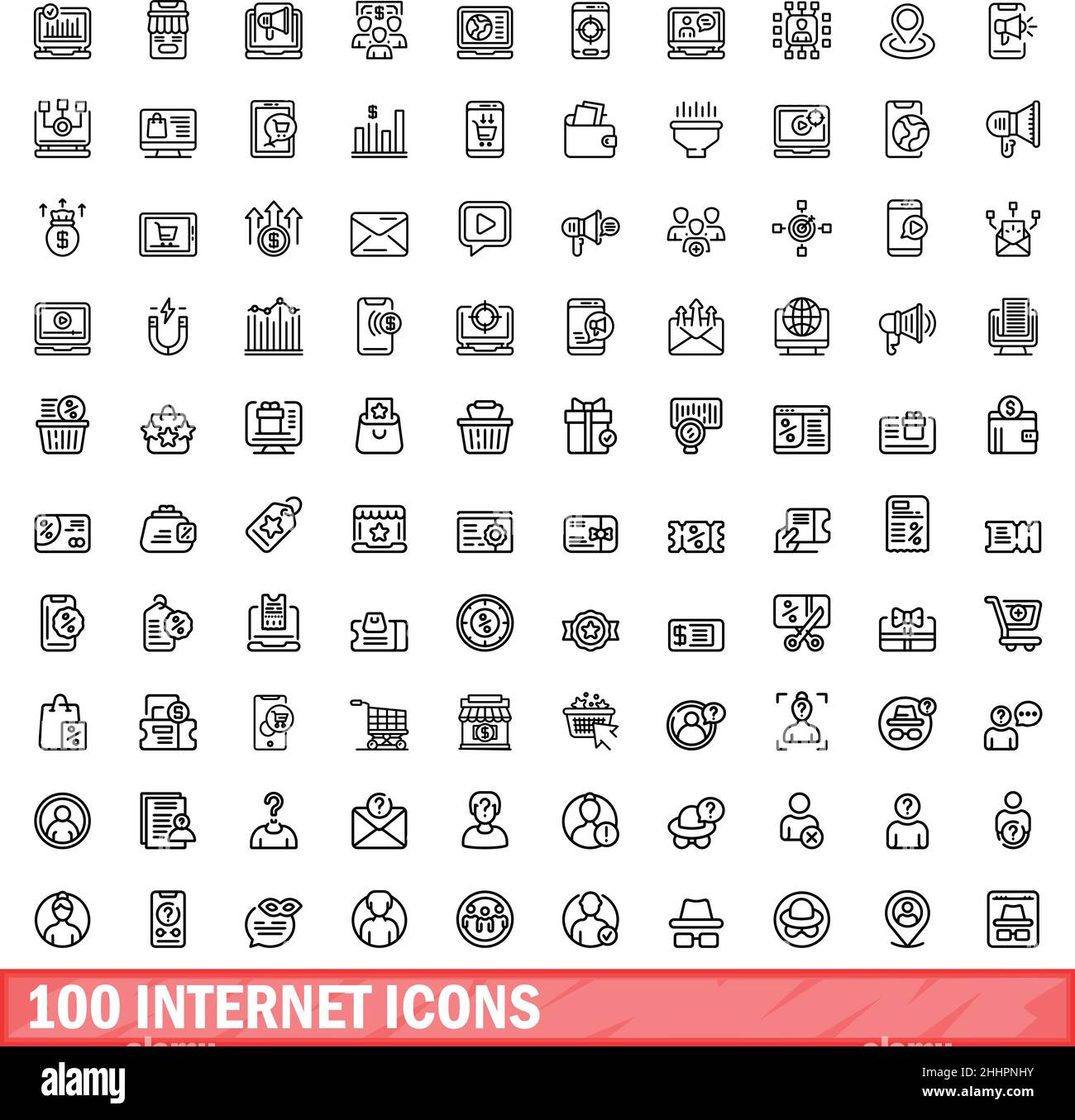 100 internet icons set. Outline illustration of 100 internet icons ...