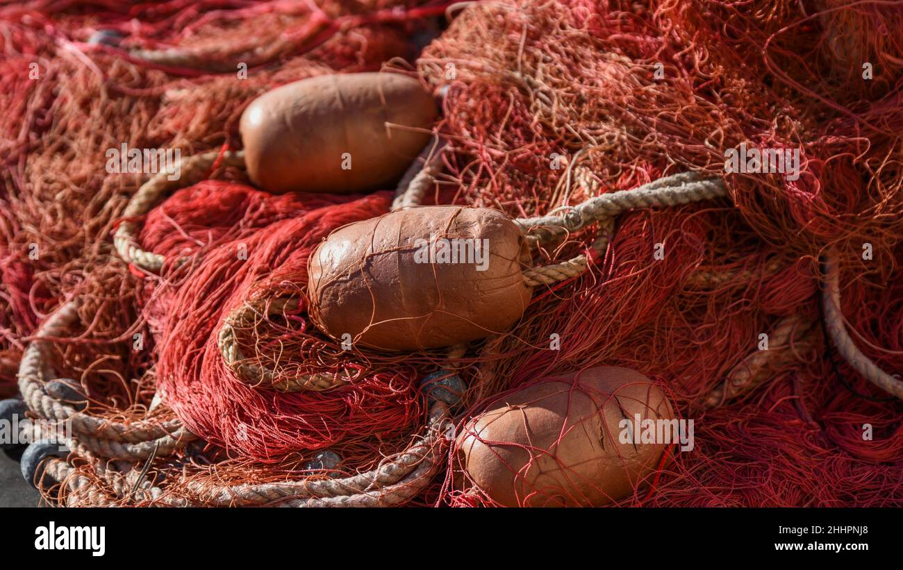 Old traditional fishing nets used on cutters in the fishery industry ...