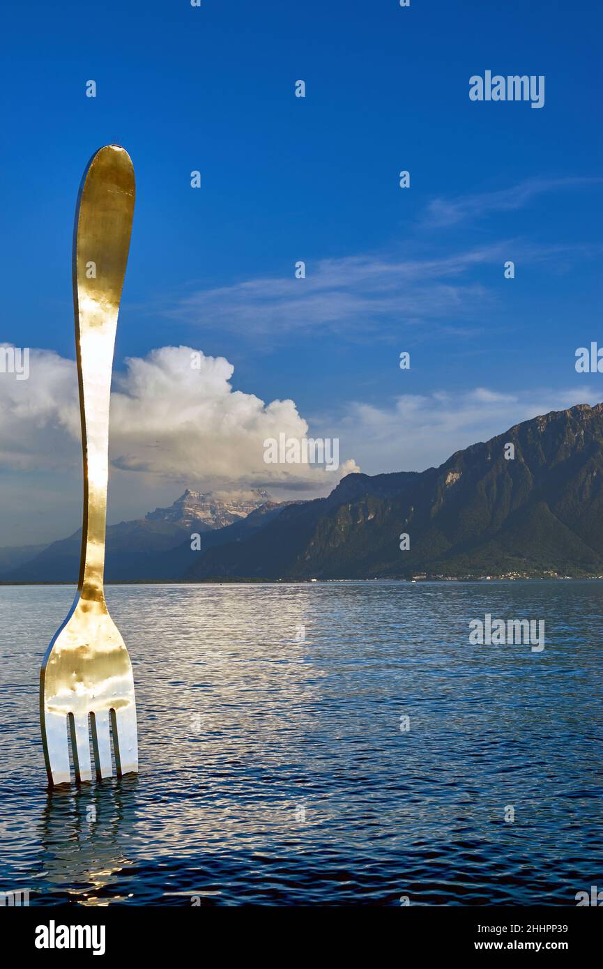 Fork statue on Vevey promenade. Geneva lake, Switzerland Stock Photo ...