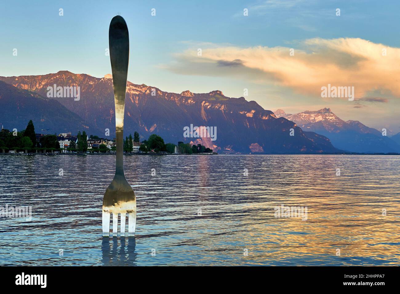 Fork statue on Vevey promenade. Geneva lake, Switzerland Stock Photo ...