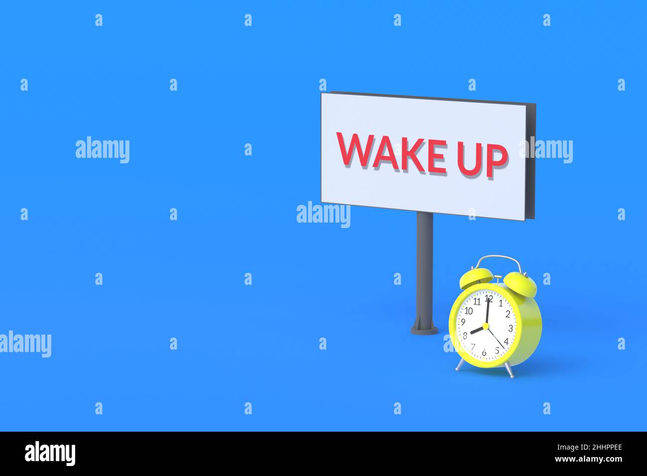 Alarm clock near billboard with word wake up. Planning your daily ...