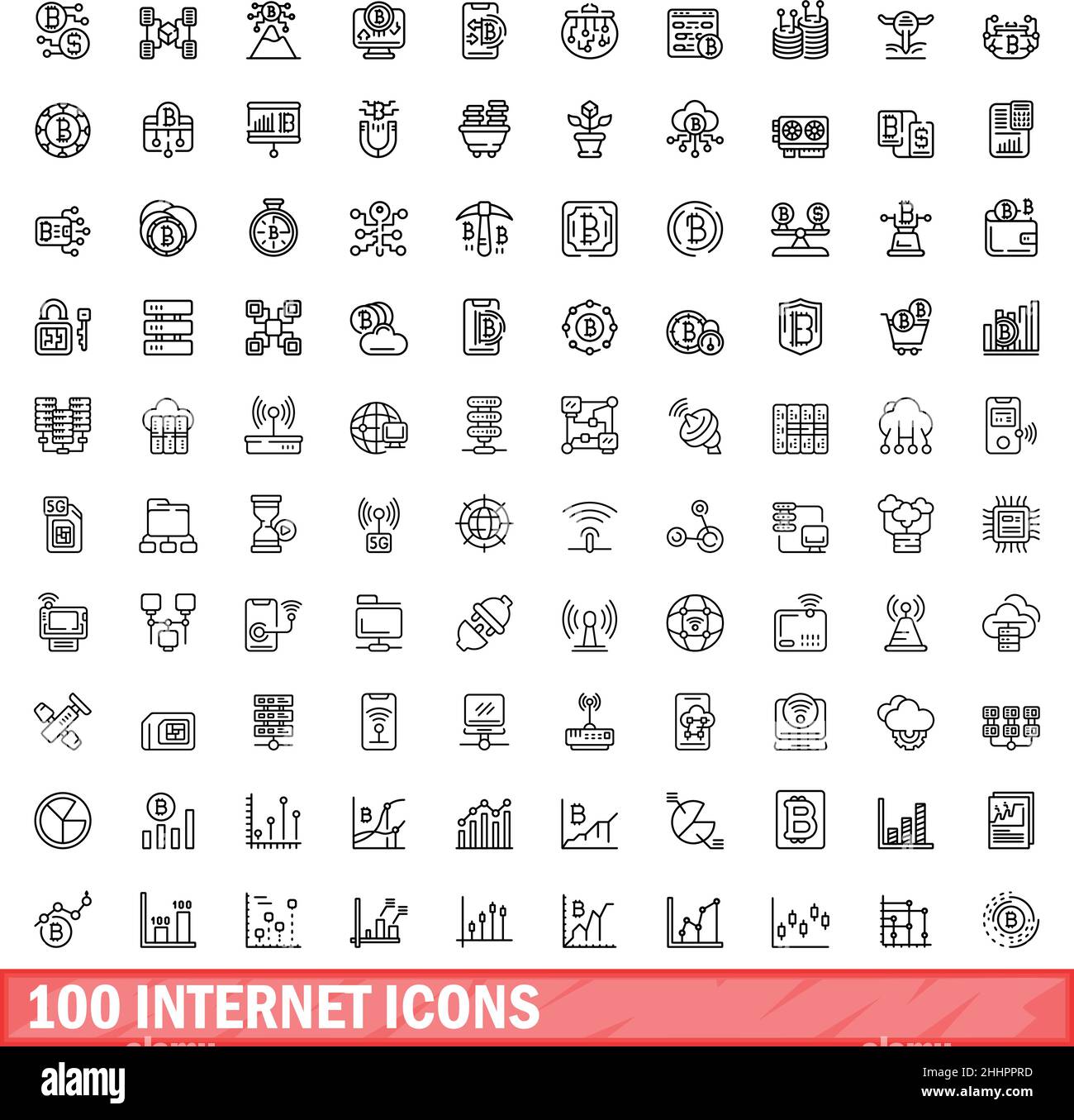 100 internet icons set. Outline illustration of 100 internet icons ...