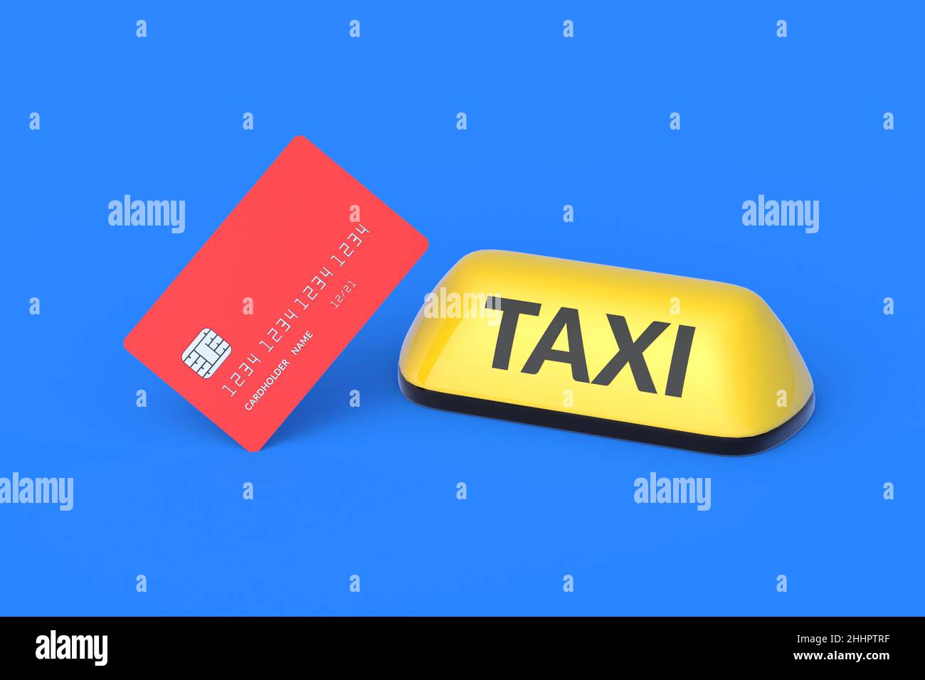 Yellow taxi sign near credit card. Payment for carrier services. Modern ...