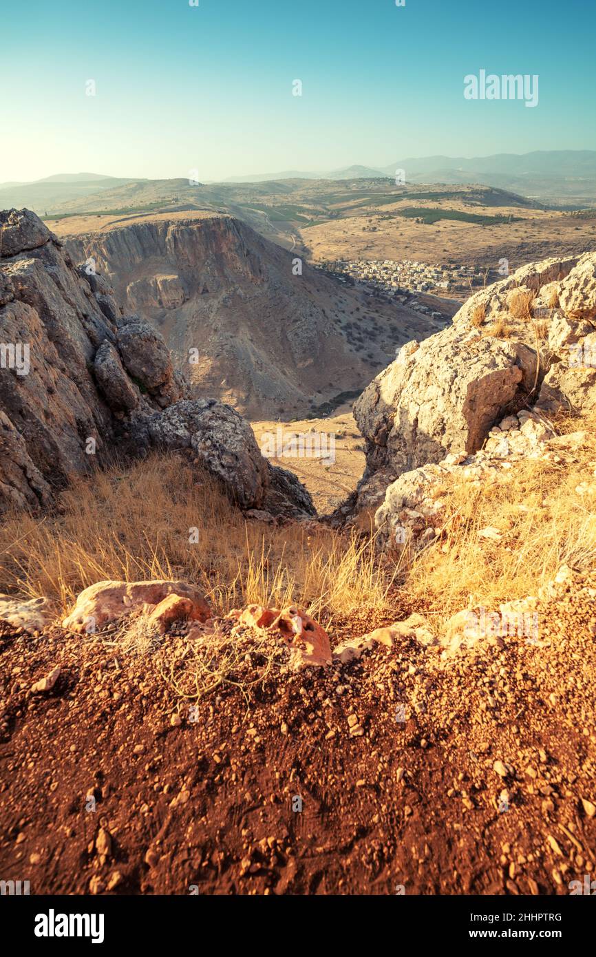 Rocky landscape in northern Israel. View from mount Arbel. Hamaam ...