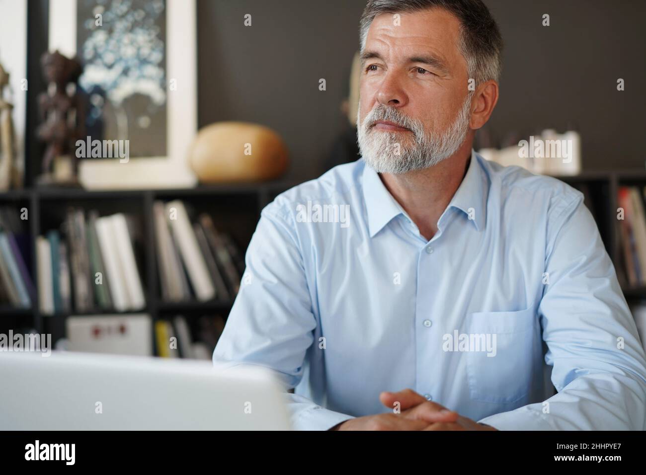 Portrait mature professional businessman with grey hair smiling ...