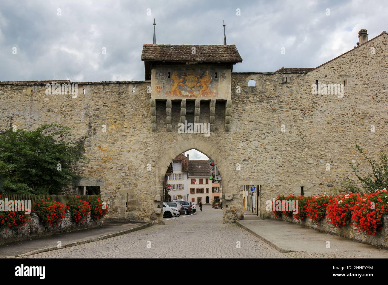 The old town wall entrance of the Swiss city Estavayer le Lac ...