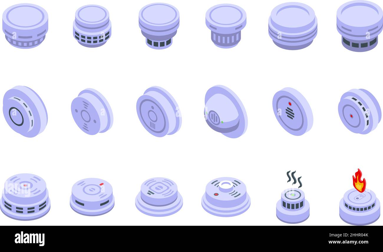 Smoke detector icons set isometric vector. Alarm celling. Fire accident ...