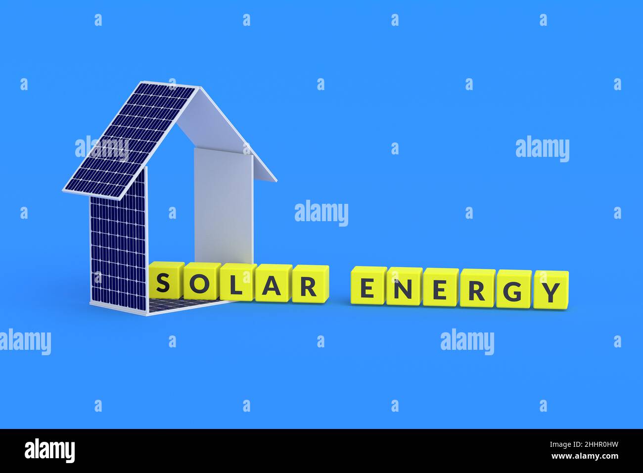 Photovoltaic panels in form of house near cubes with inscription solar ...