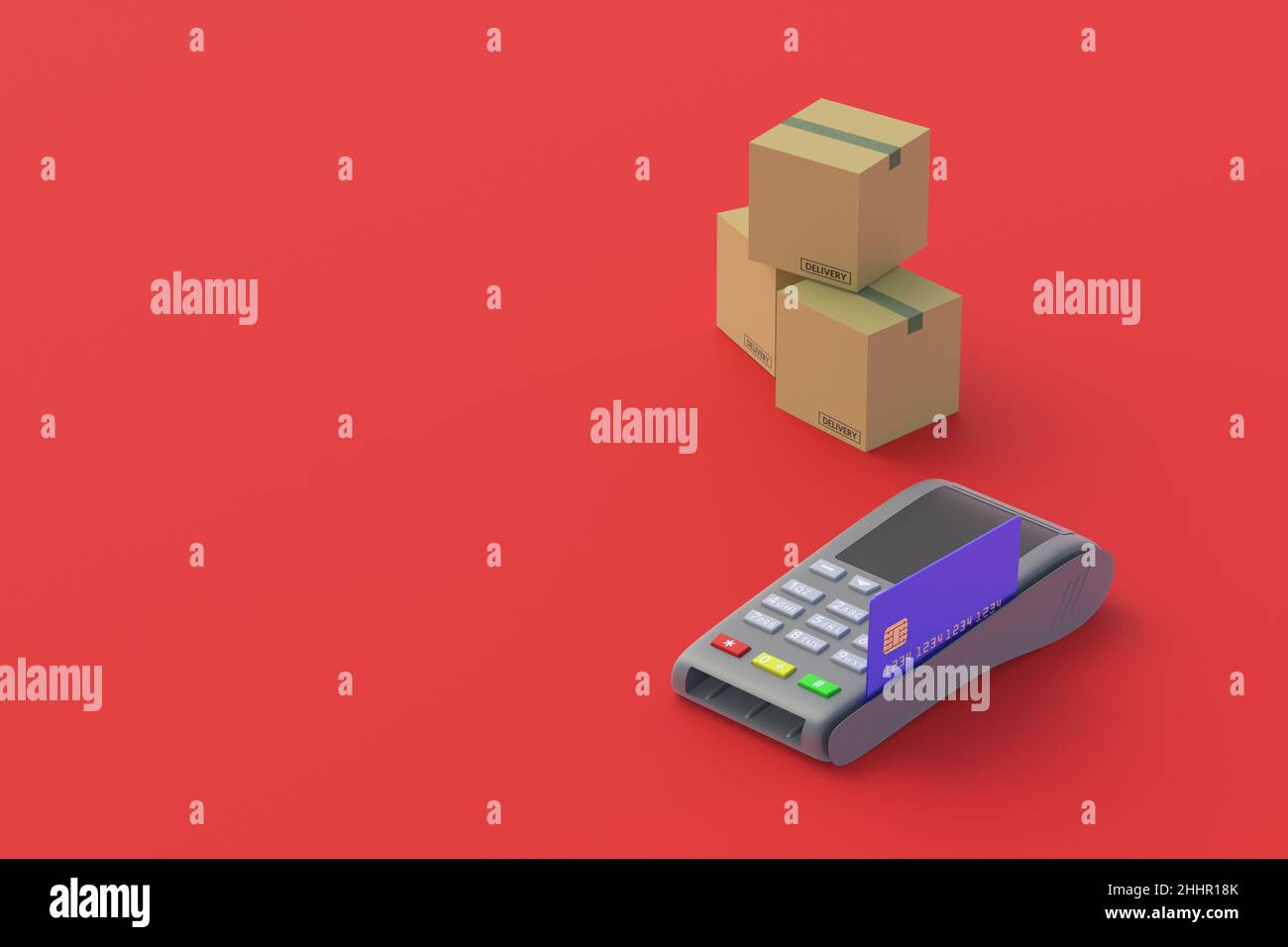 Compact cash register with a plastic card near cardboard boxes ...