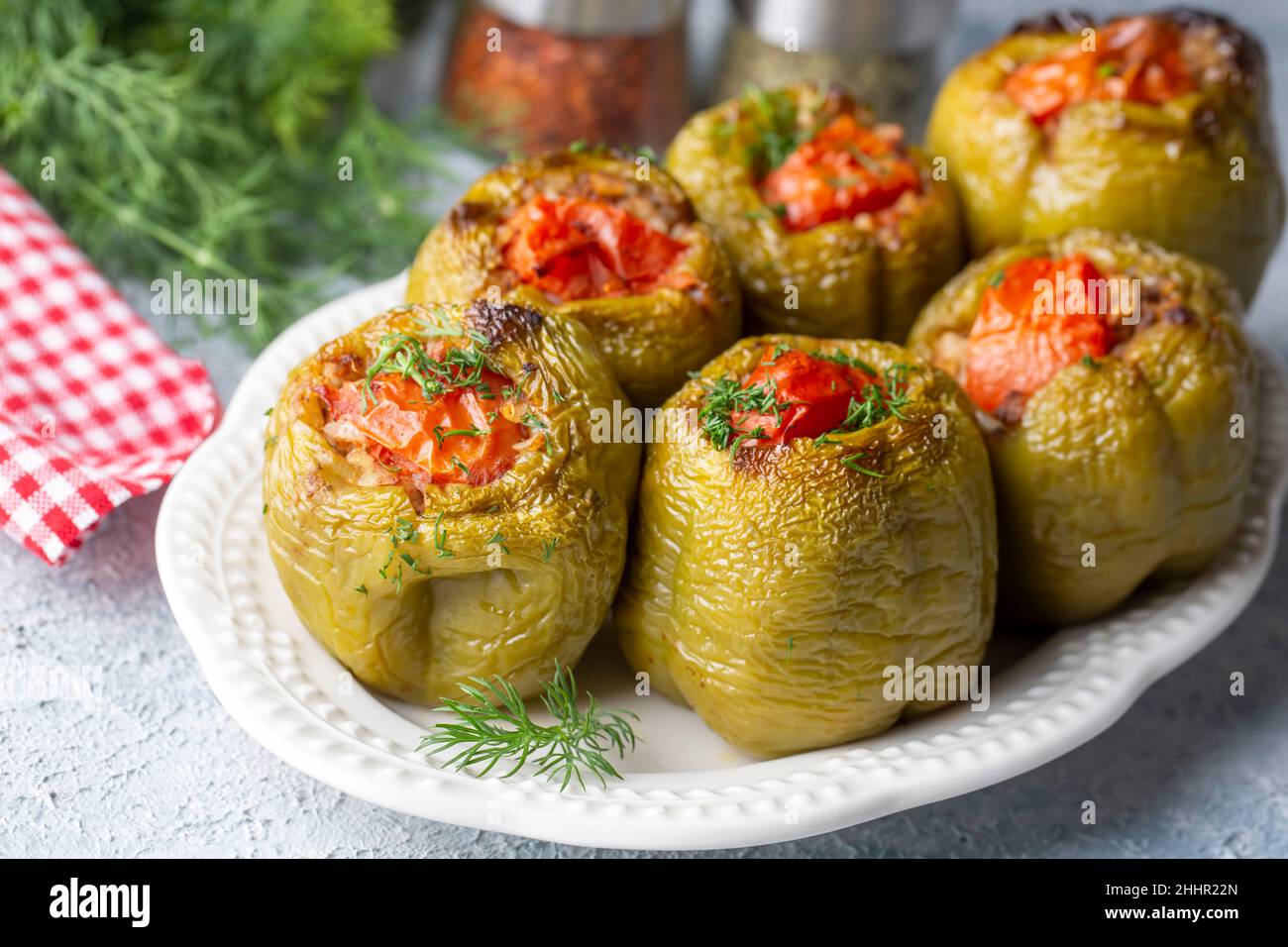 Traditional Turkish foods; Stuffed pepper (Turkish name; biber dolmasi ...