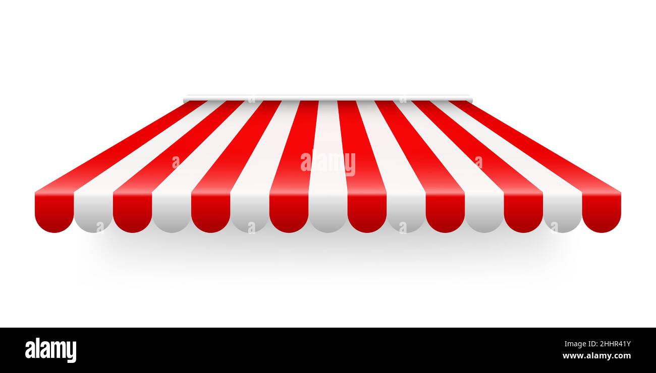 Red shop sunshade isolated on white background. Realistic striped cafe awning. Outdoor market ...
