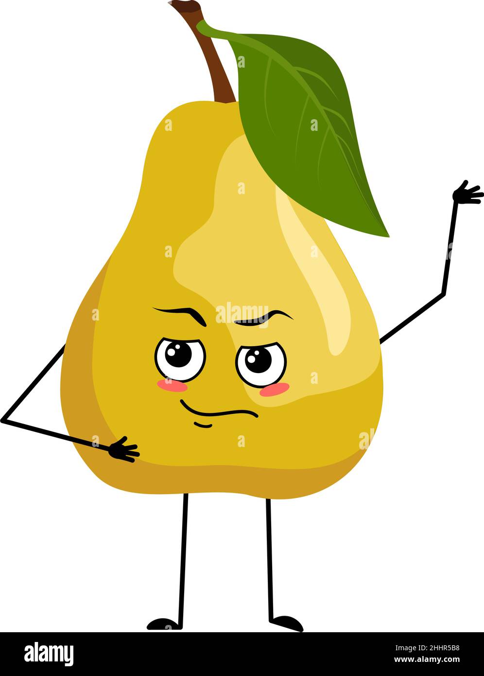 Pear character with emotions of hero, brave face, arms and leg. Person ...