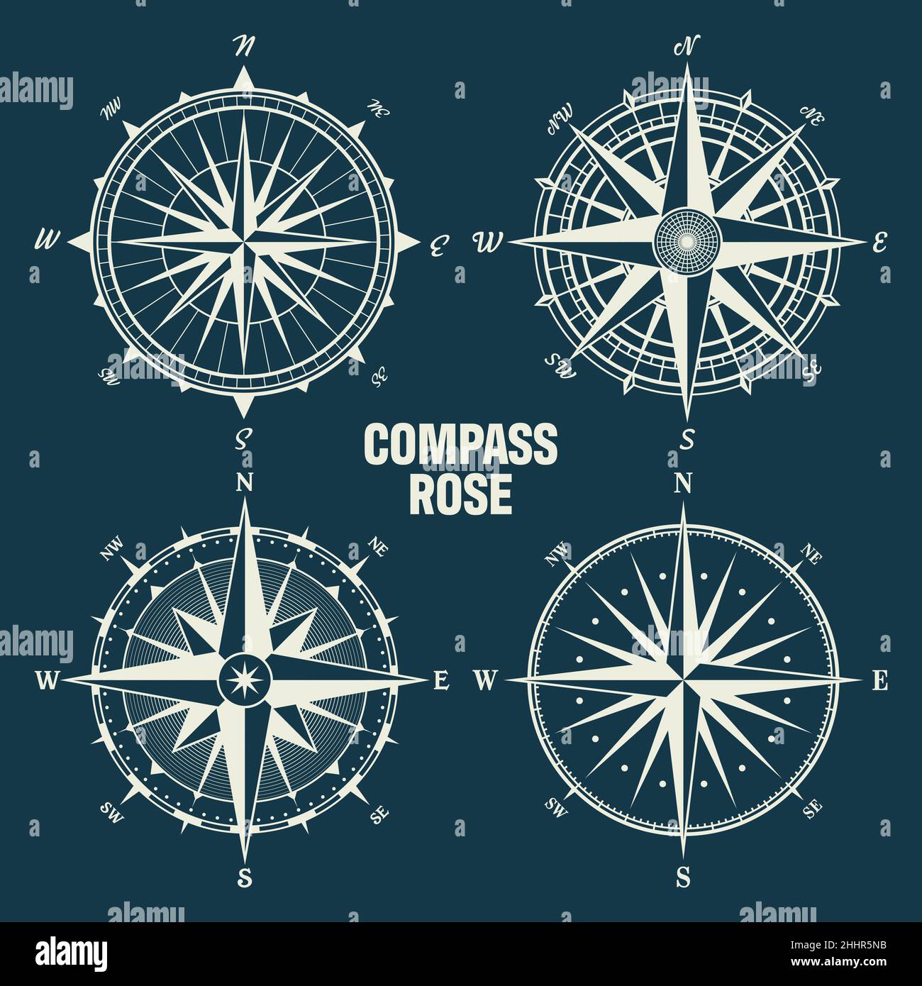 Vintage marine wind rose, nautical chart. Monochrome navigational ...