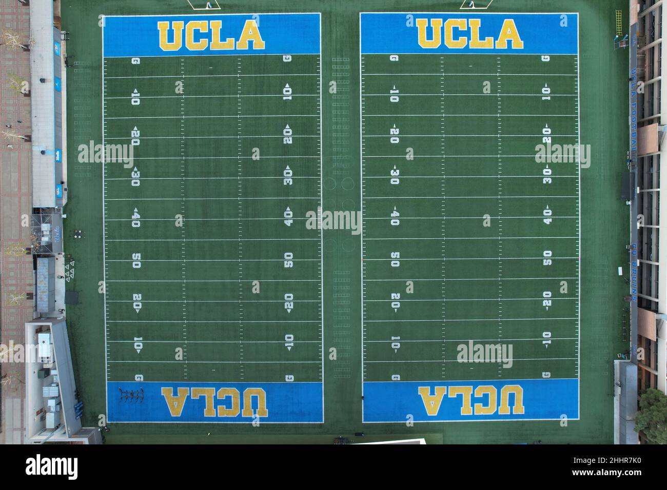 An aerial view of the practice fields at the Wasserman Football Center ...