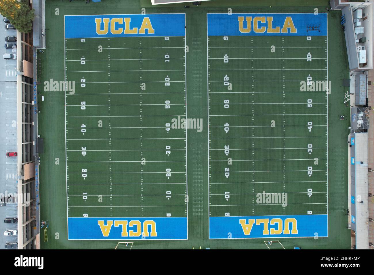 An aerial view of the practice fields at the Wasserman Football Center ...