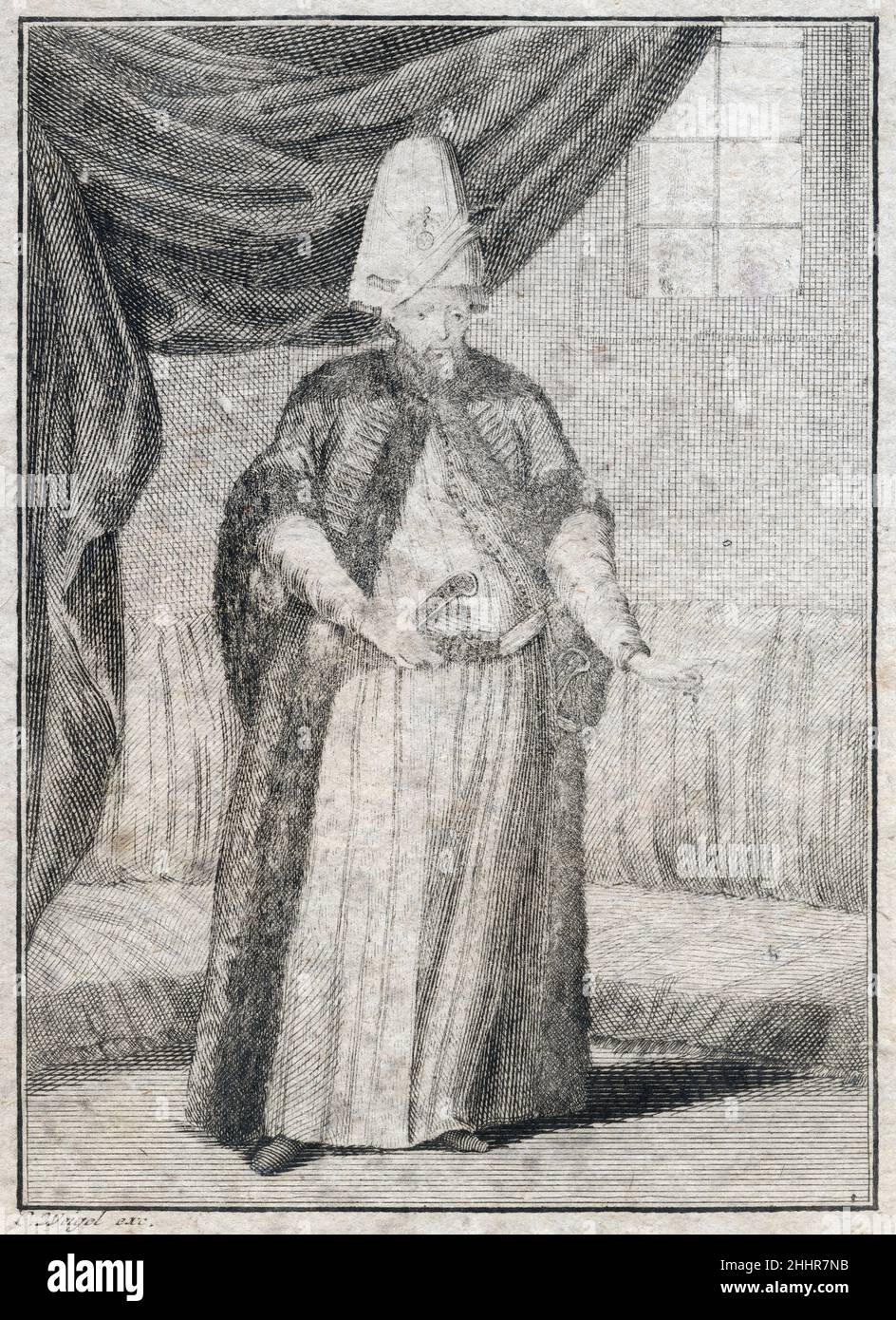 Antique 17th century engraving of Ibrahim Bassa, beylerbey (governor ...