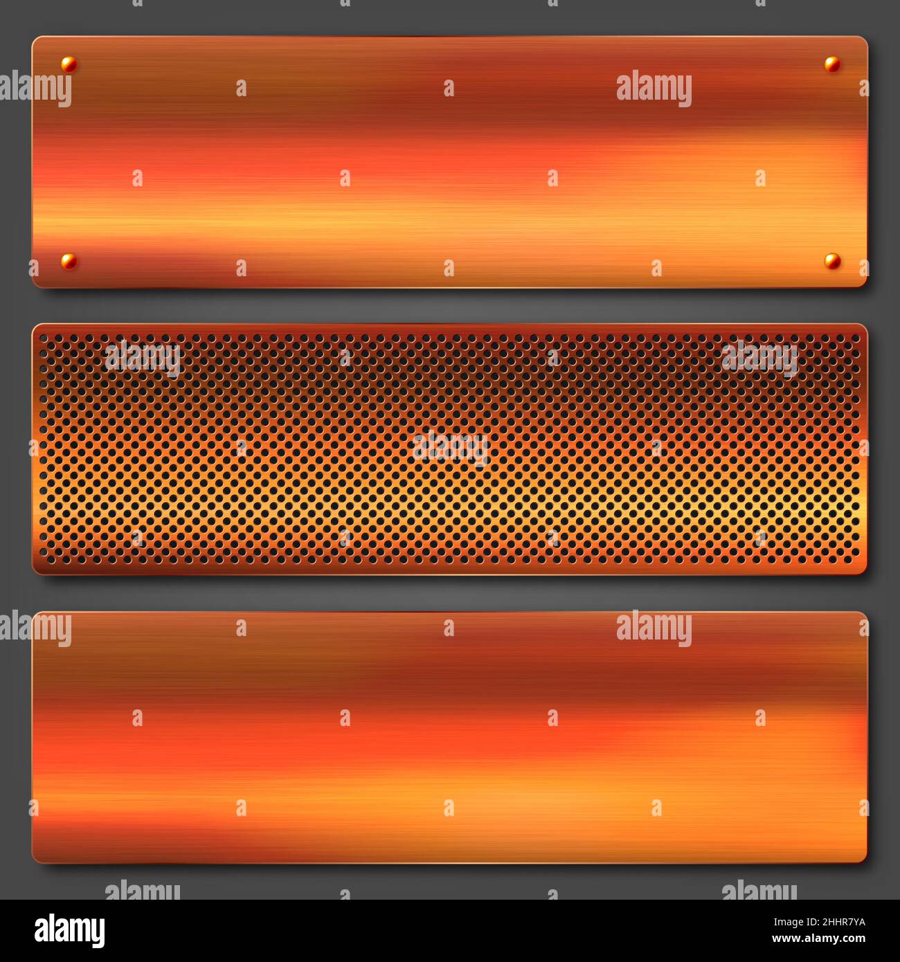 Realistic copper banners collection. Brushed stainless steel plate ...