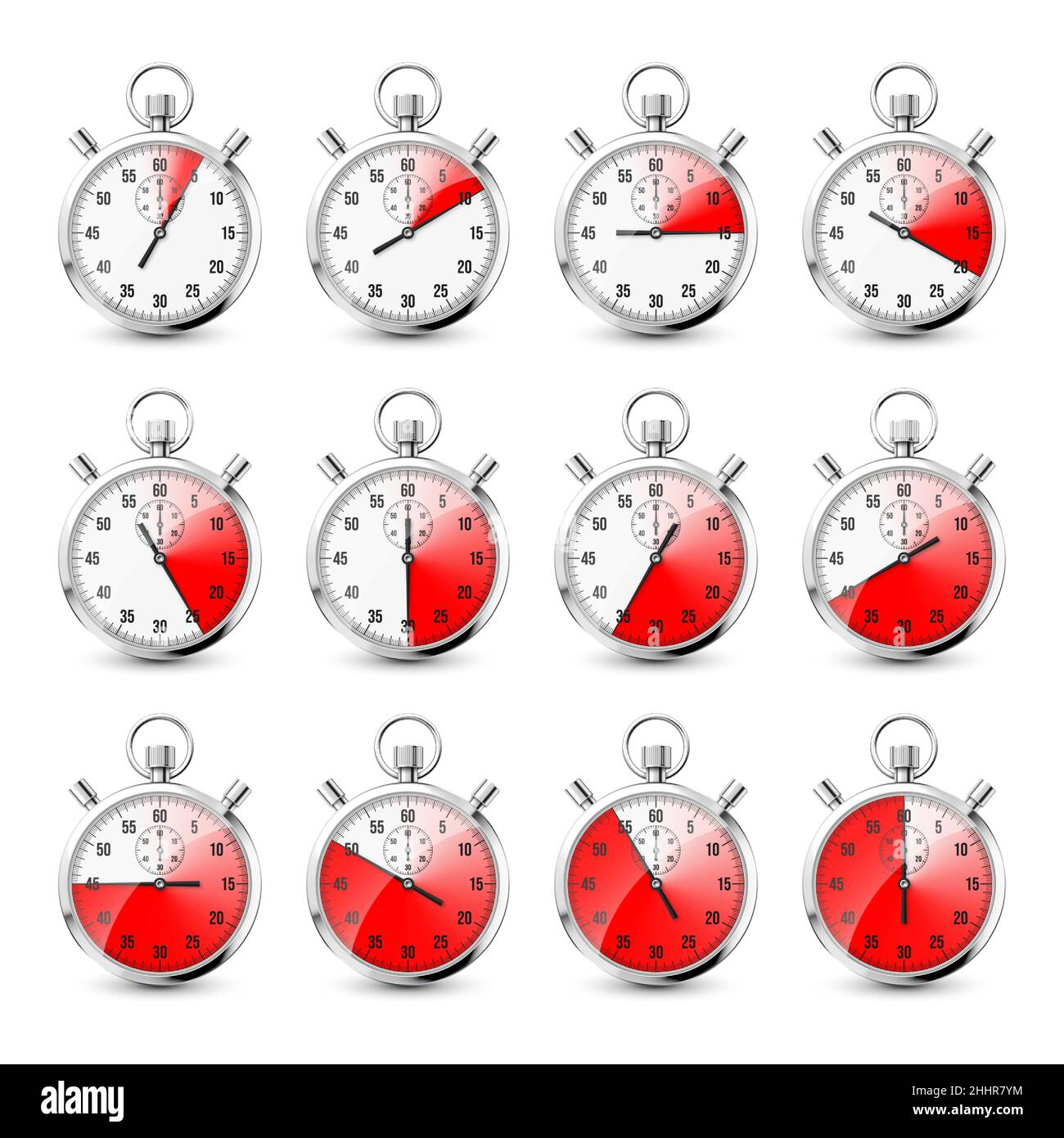 Realistic classic stopwatch icons. Shiny metal chronometer, time ...