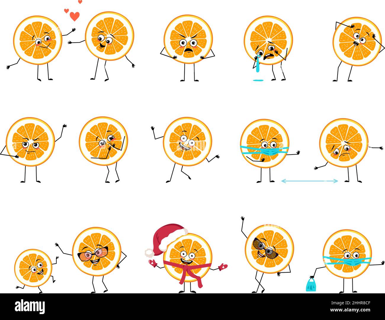 Orange character with happy or sad emotions, panic, loving or brave ...