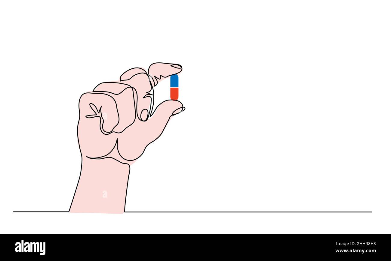 Hand holding pill, capsule, tablet. One continuous line art drawing ...