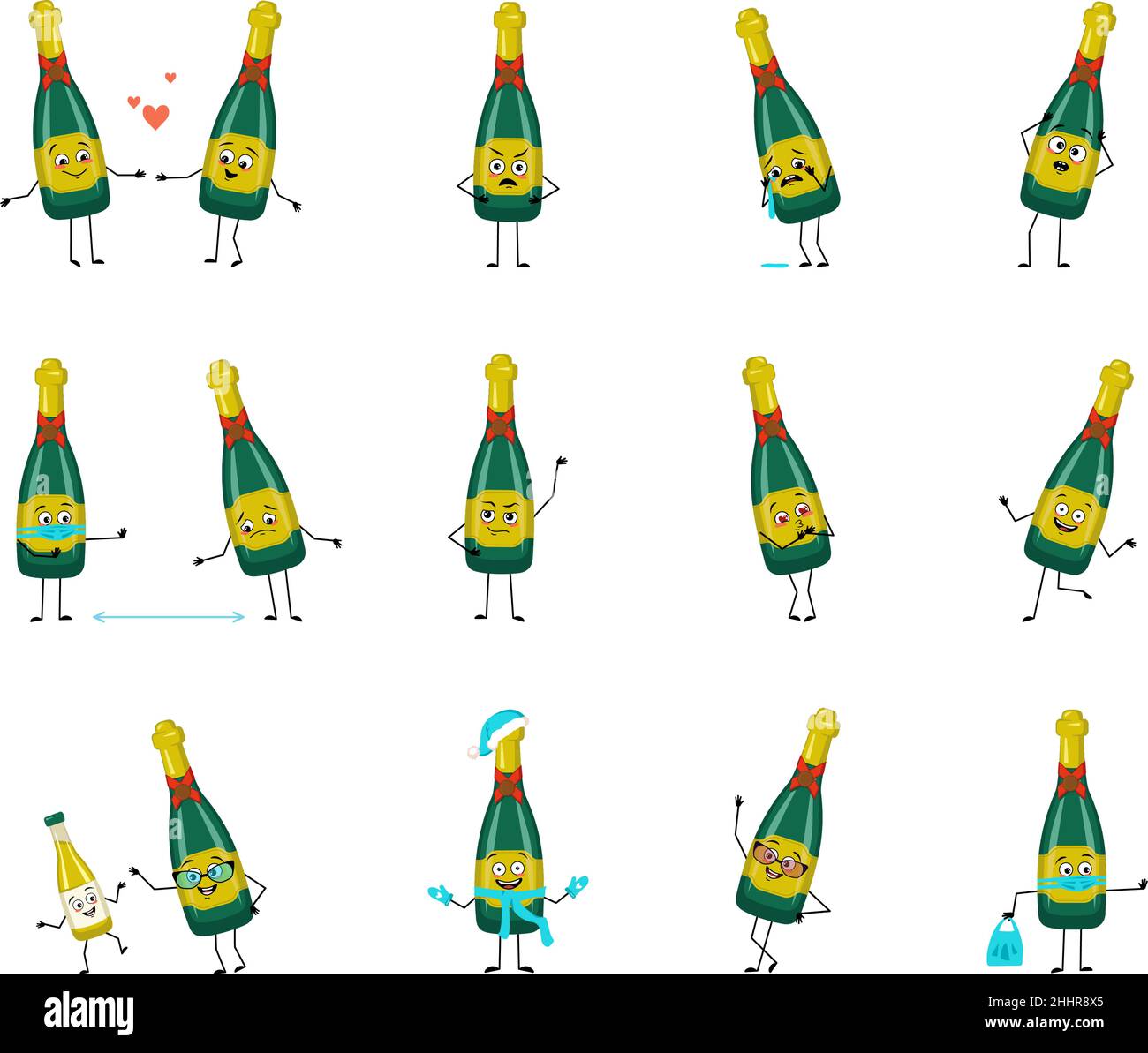 Bottle of sparkling wine character with happy or sad emotions, panic ...