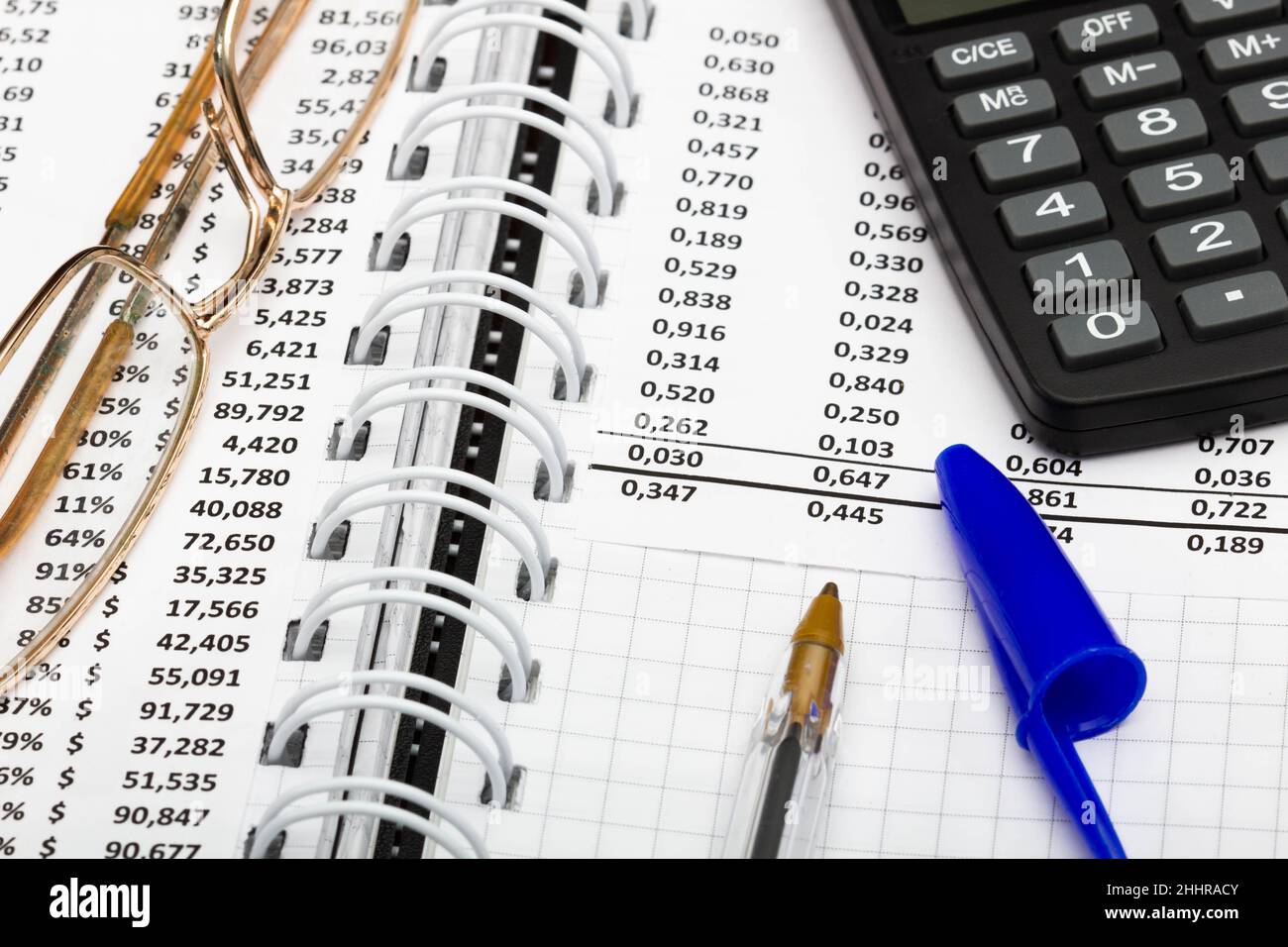 Financial report, calculator, pencil and glasses on the table in the ...