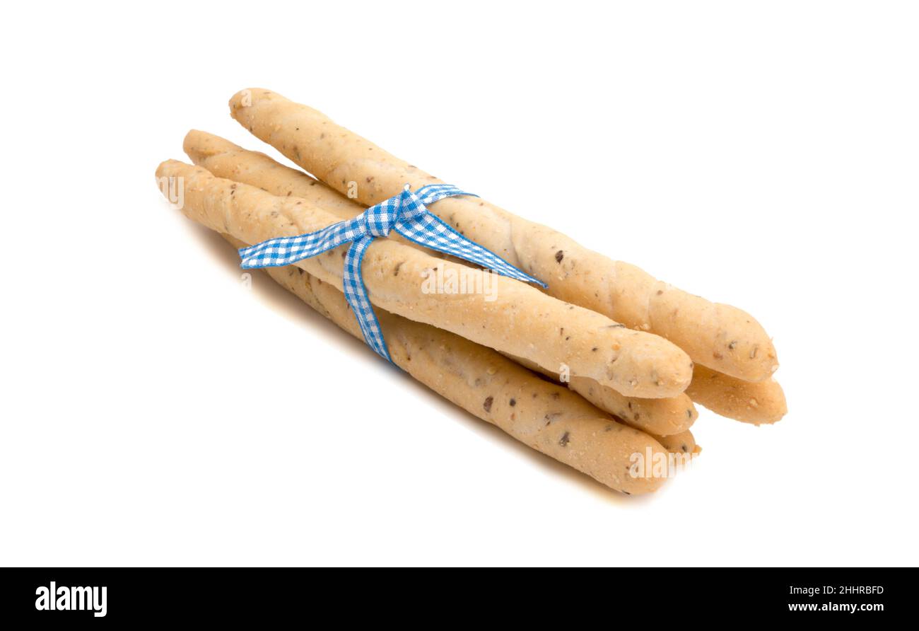 Bread sticks italian snack with blue ribbon isolated on the white Stock ...