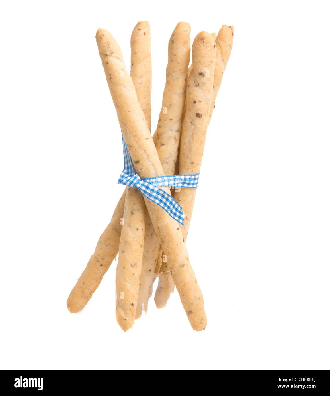 Bread sticks italian snack with blue ribbon isolated on the white Stock ...