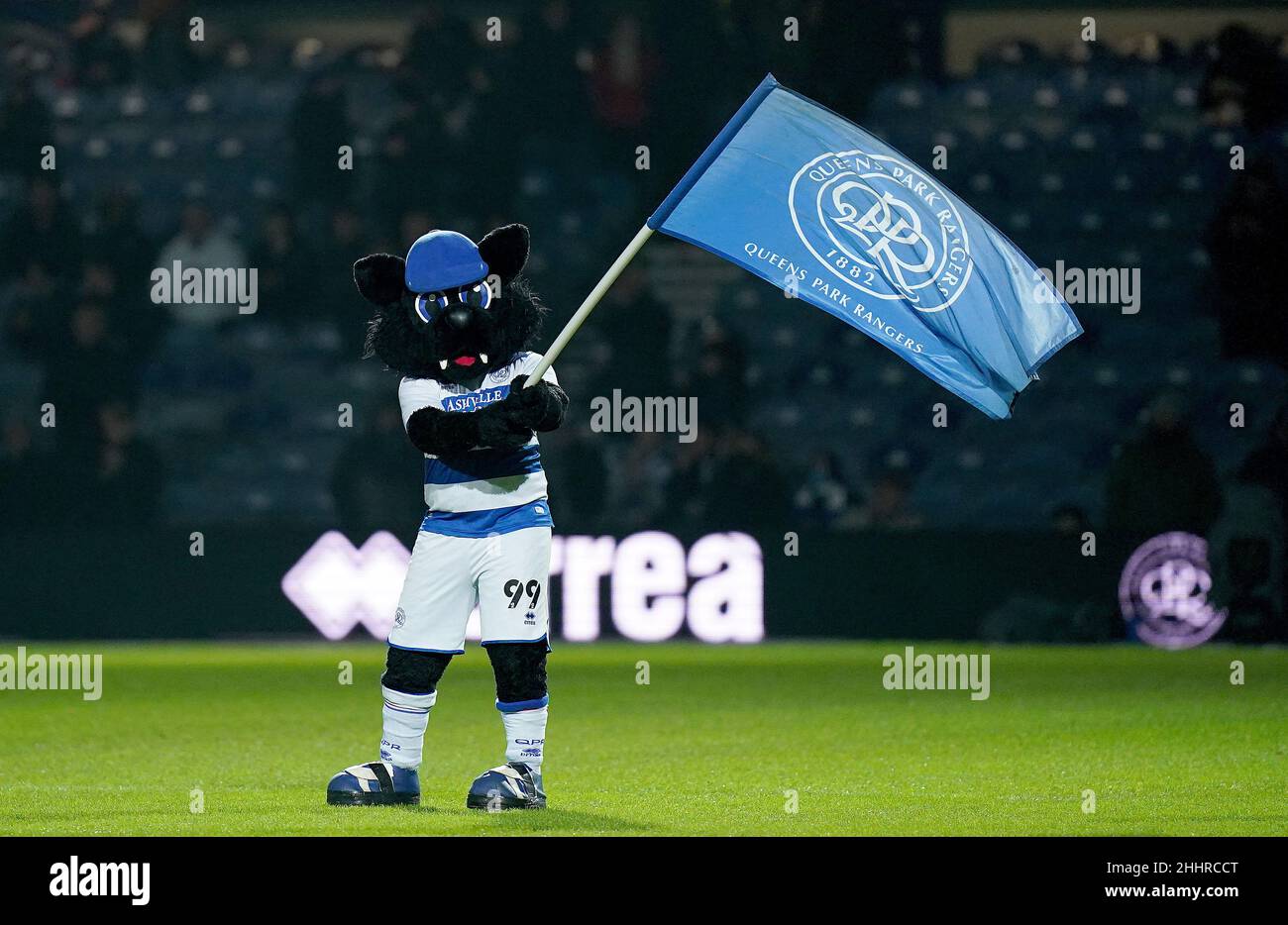 The Queens Park Rangers mascot Jude The Cat, on the pitch before the ...