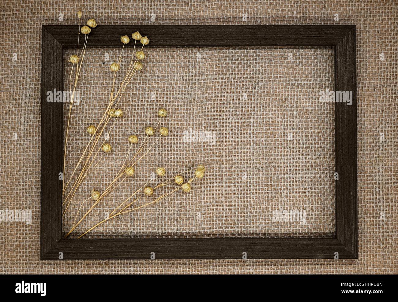 Wooden frame on a background of burlap. Inside the frame is dry flax ...