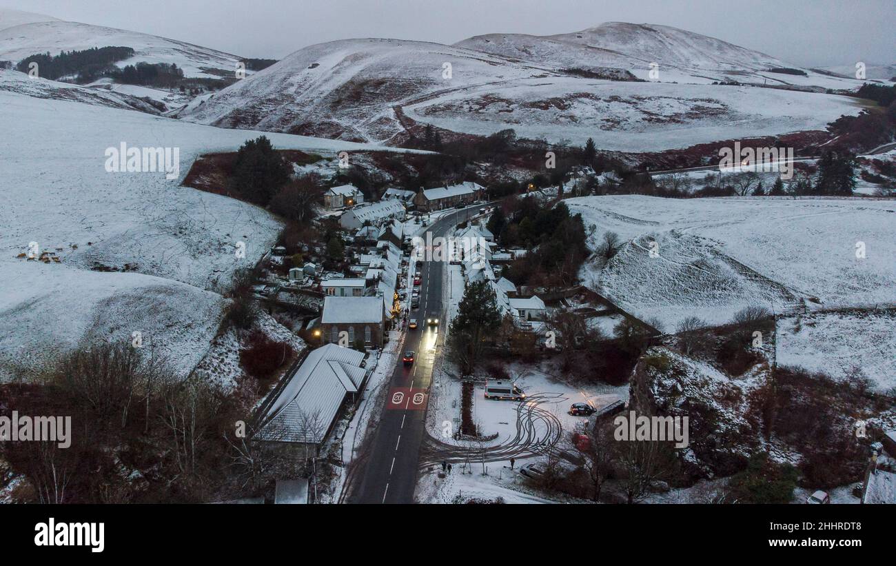 Aerial views of Scottish borders town Carlops as Storm Barra hits ...