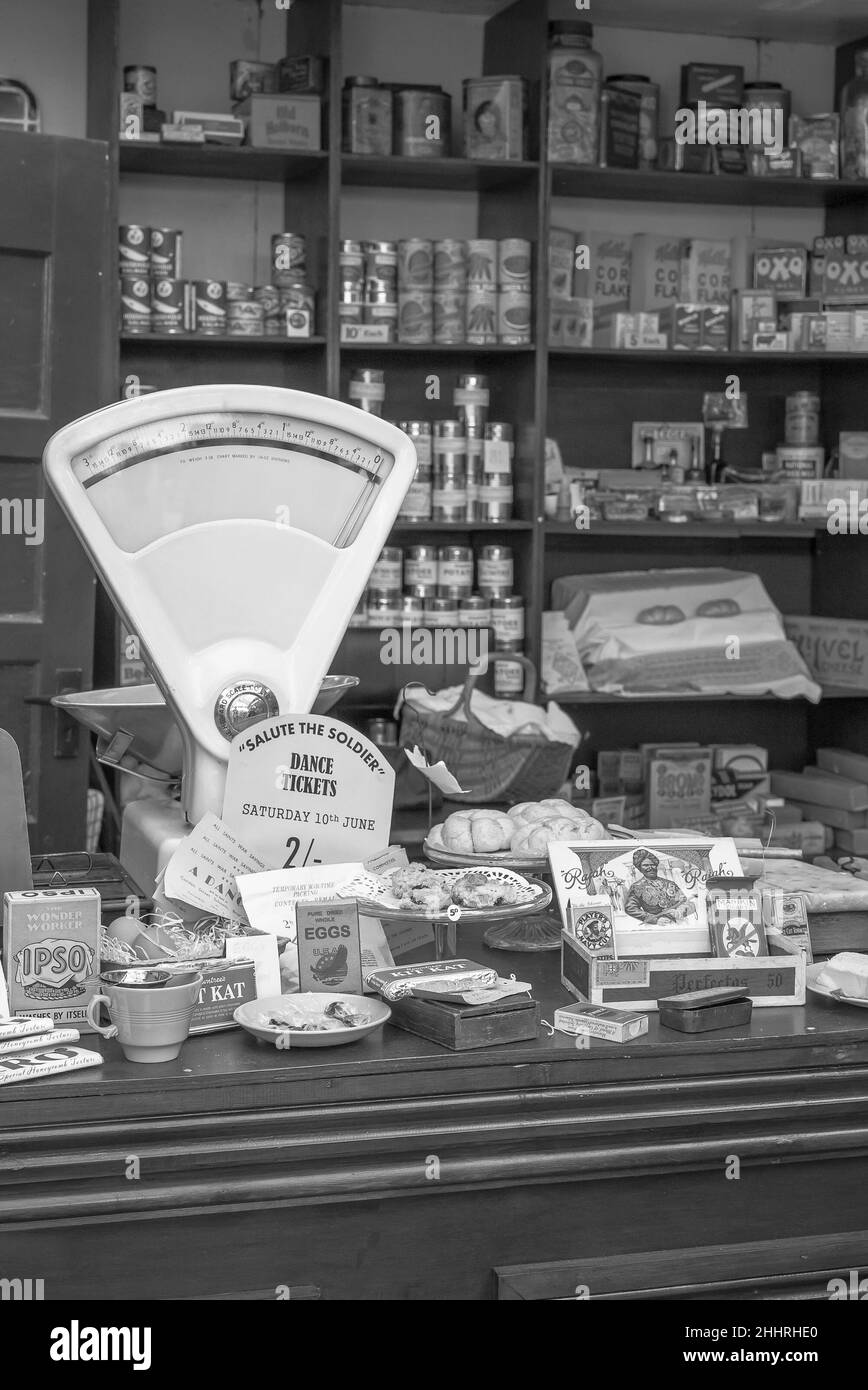 Black and white view of vintage grocery store, shop counter at 1940s ...
