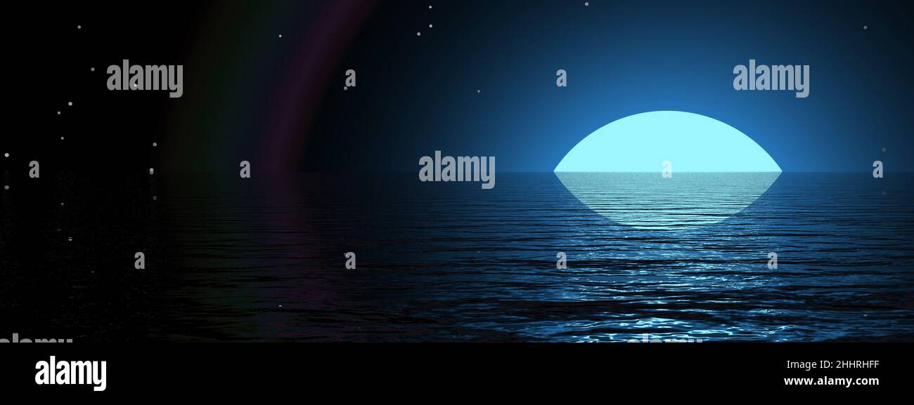 Beautiful moon over the water - 3D render Stock Photo - Alamy