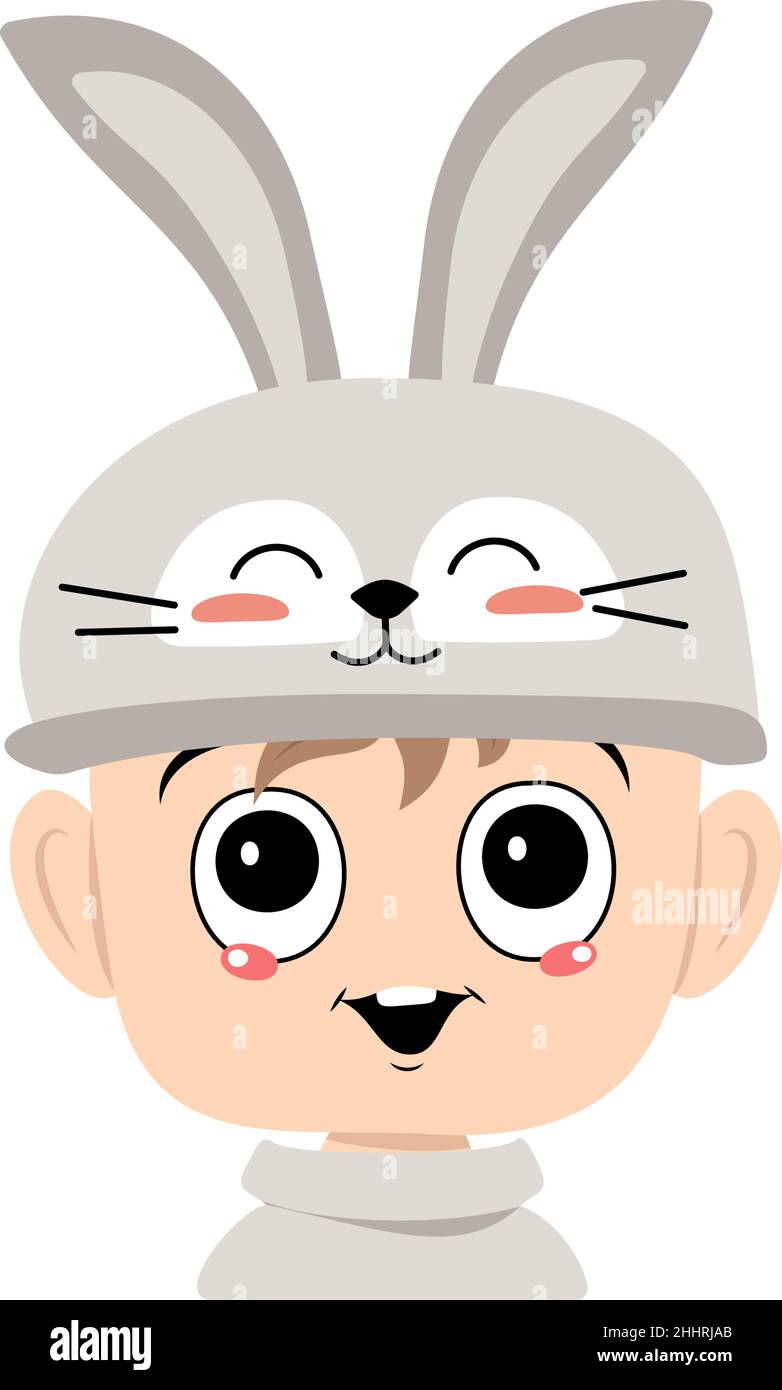 Avatar of boy with big eyes and wide happy smile in cute rabbit hat ...