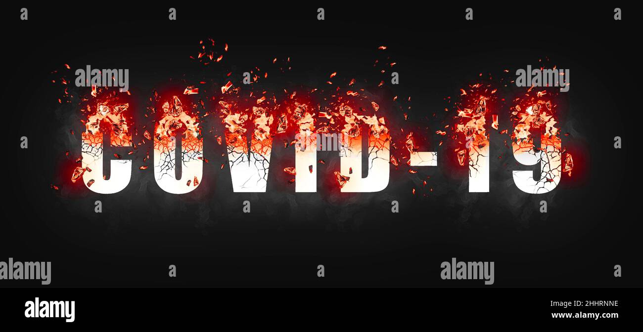 Covid-19 lettering, word. Destruction effect, pieces of writing ...