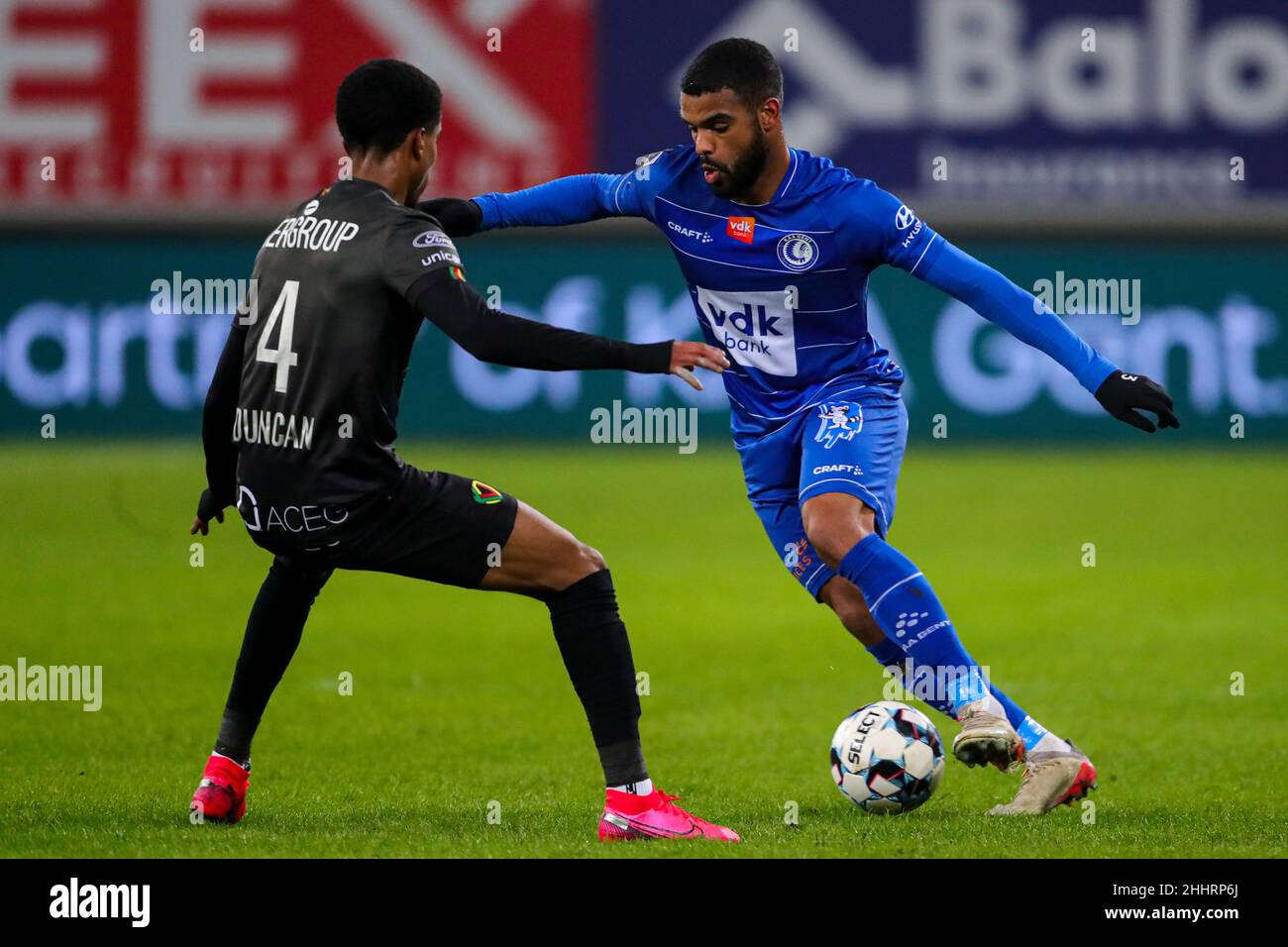 GENT, BELGIUM - JANUARY 25: Christopher Operi of KAA Gent, Kyle Duncan ...