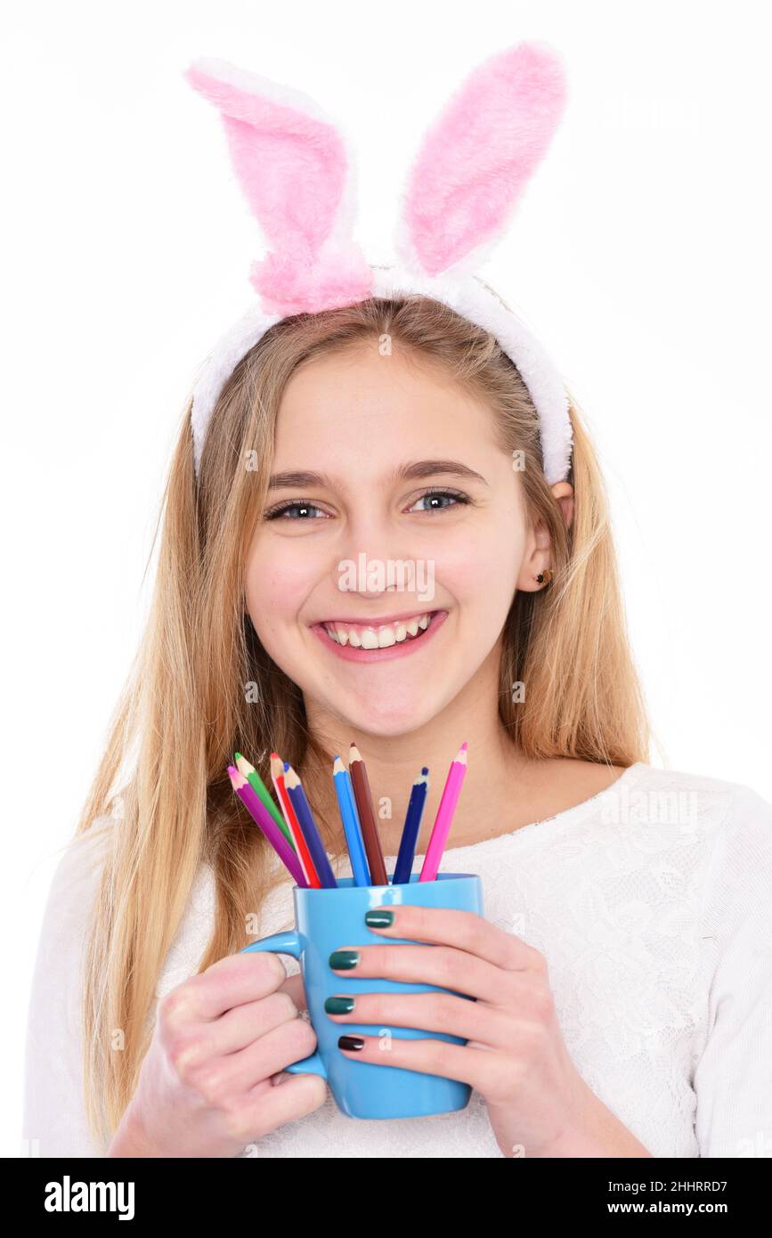 Cheerful smiling happy girl with colorful pensils. Kid painting and ...