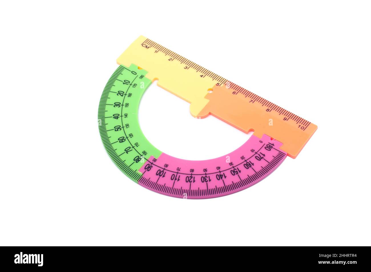 colorful plastic protractor in different color isolated on the white ...