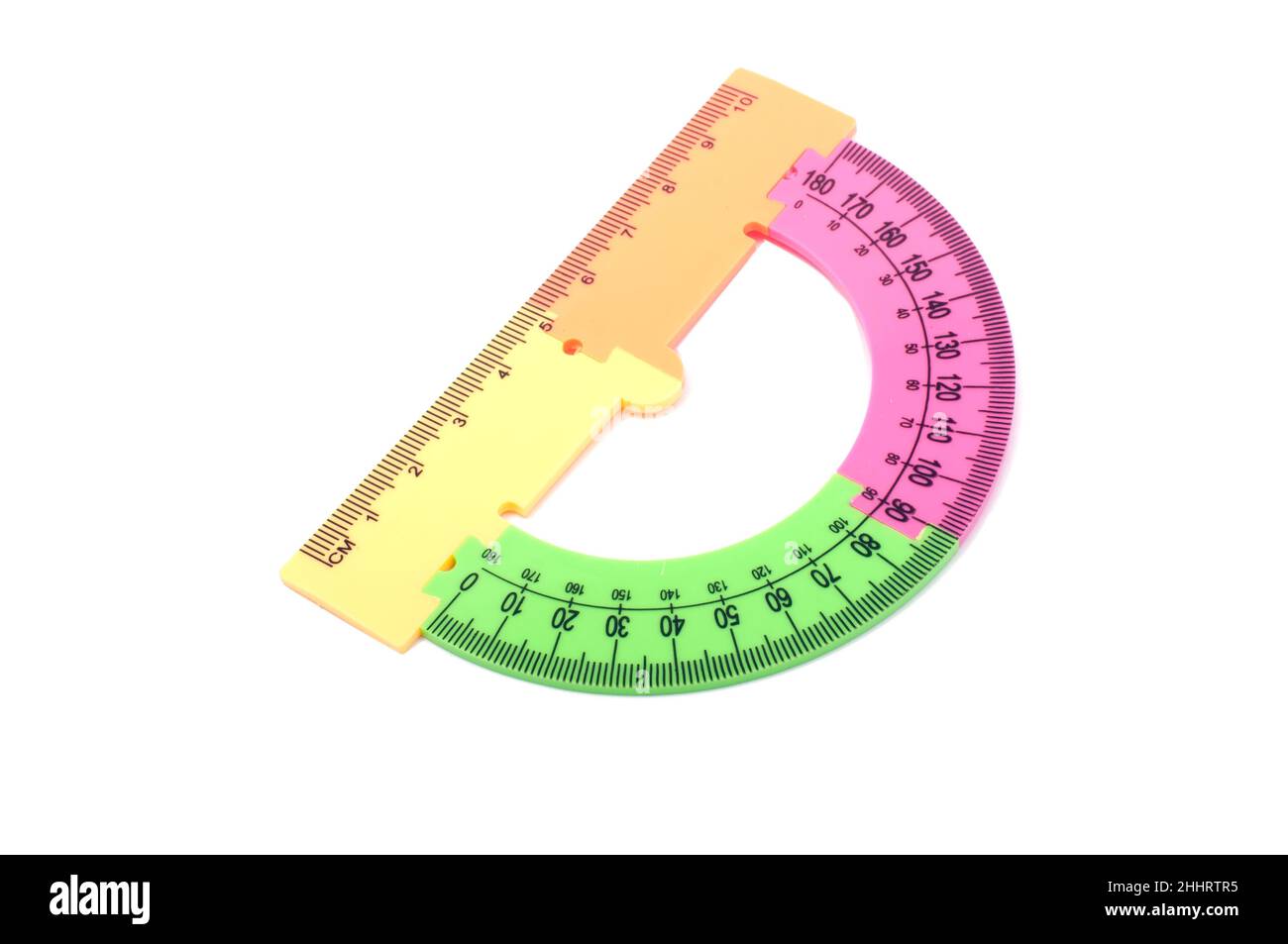 colorful plastic protractor in different color isolated on the white ...