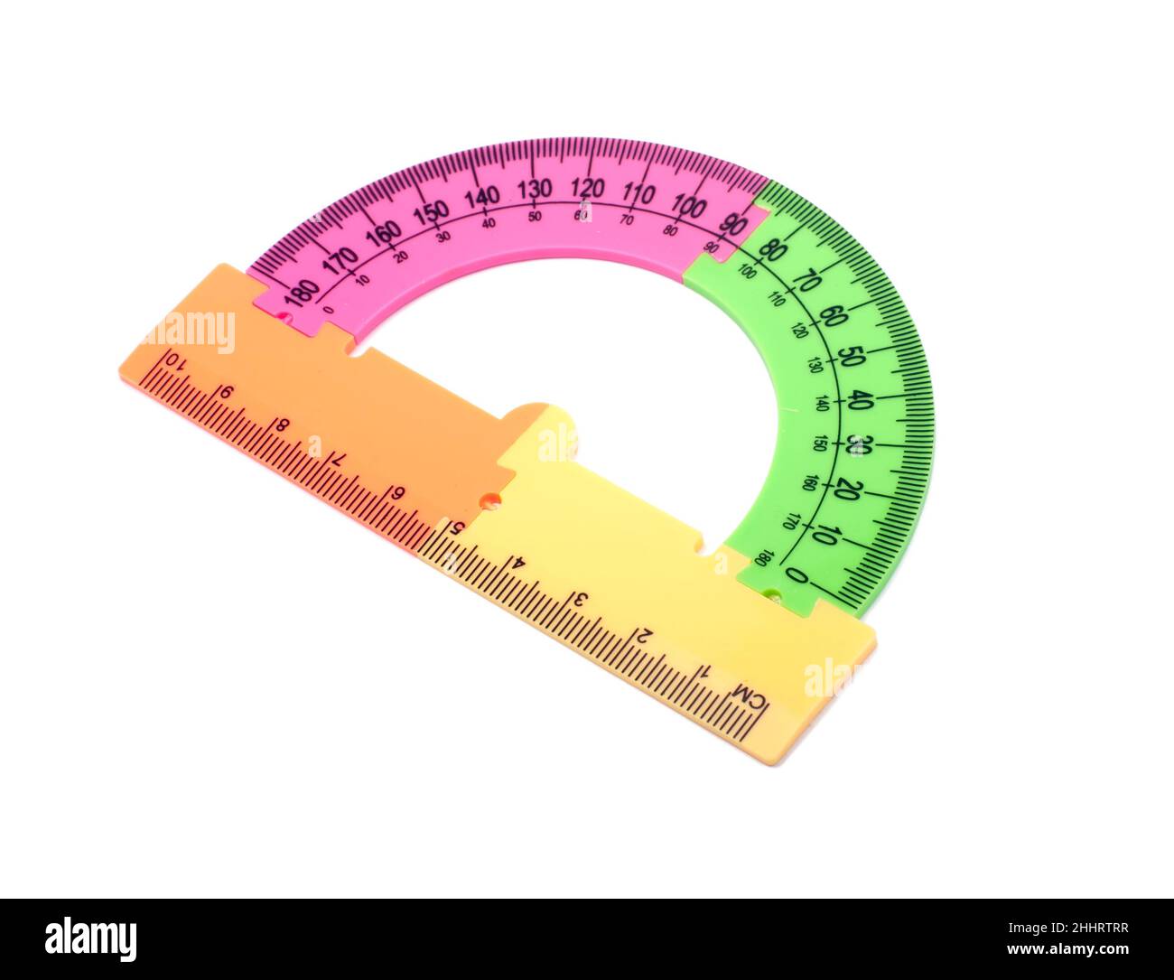 colorful plastic protractor in different color isolated on the white ...