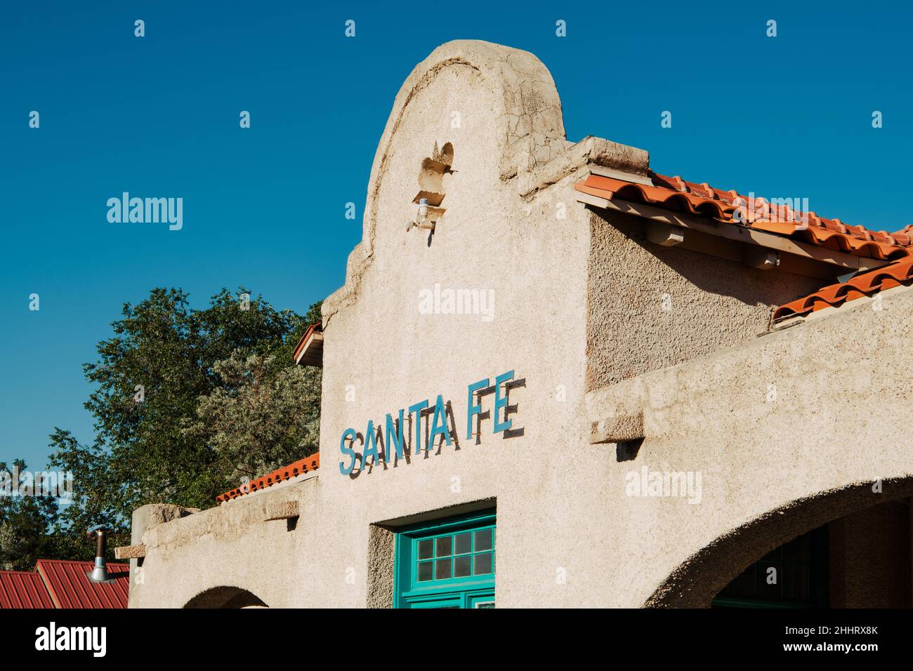 Santa Fe sign on the facade of the historic Santa Fe train station ...