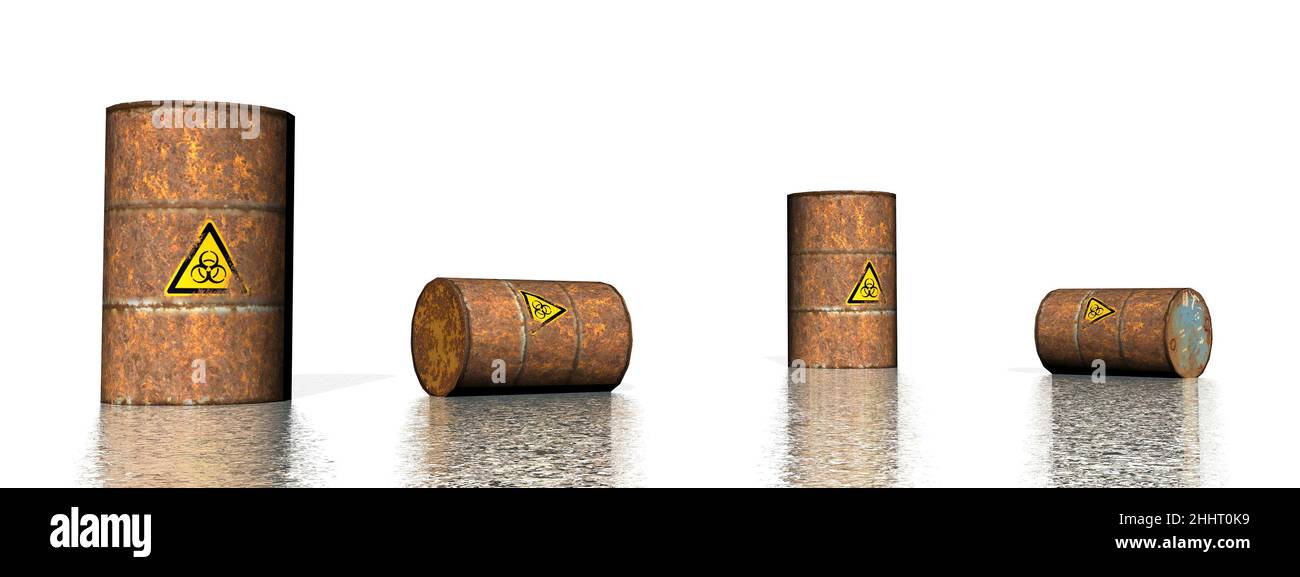 Rust biohazard barrels with logo - 3D render Stock Photo - Alamy