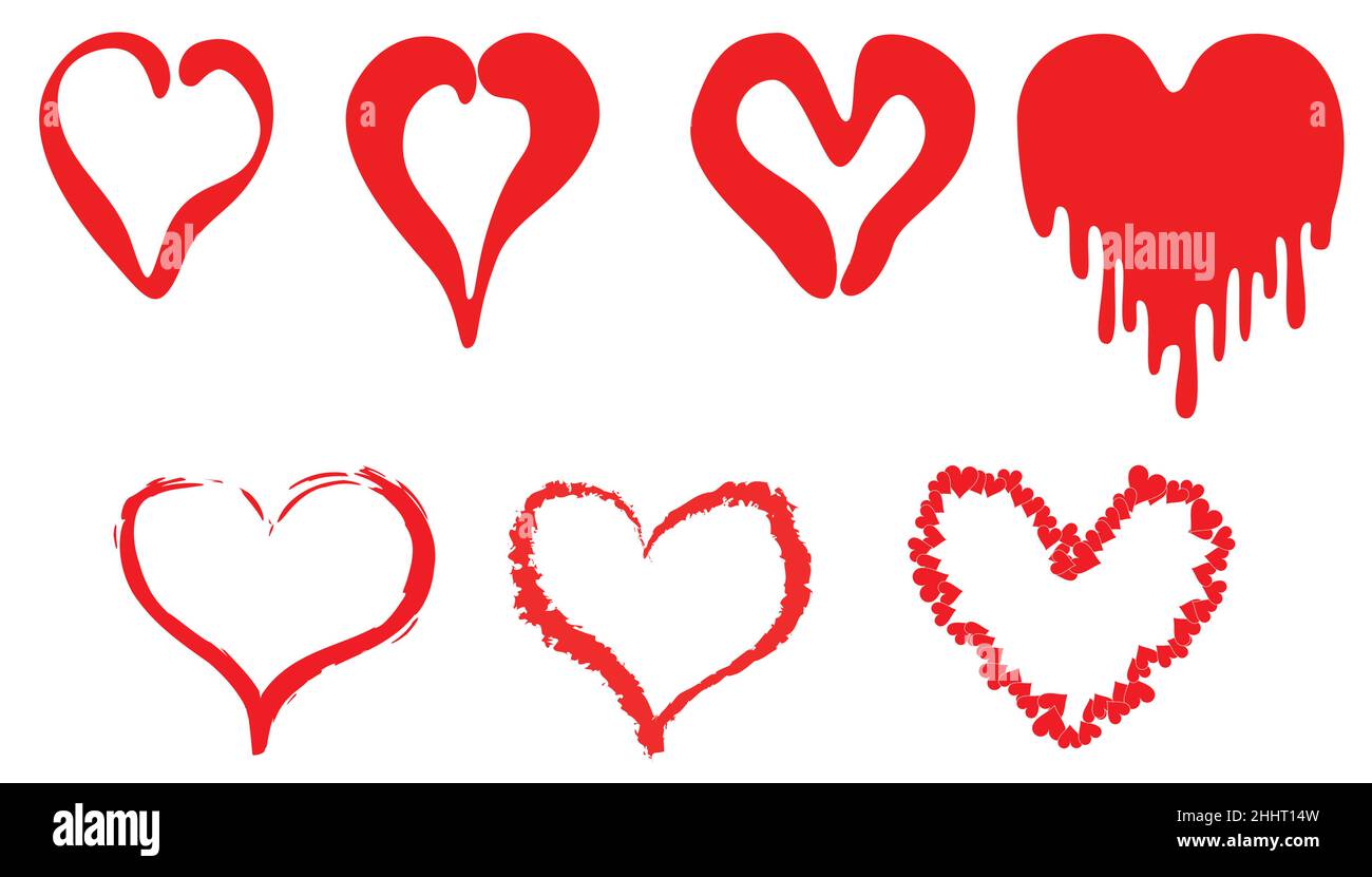 Set of seven unusual vector heart shapes red color free hand ...