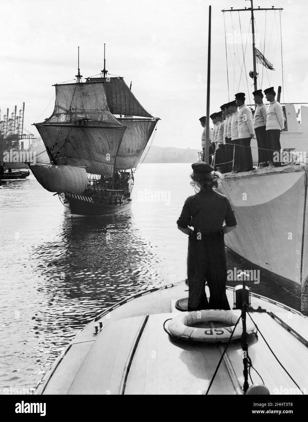 The half scale model of the Golden Hind in Plymouth Harbour during a ...